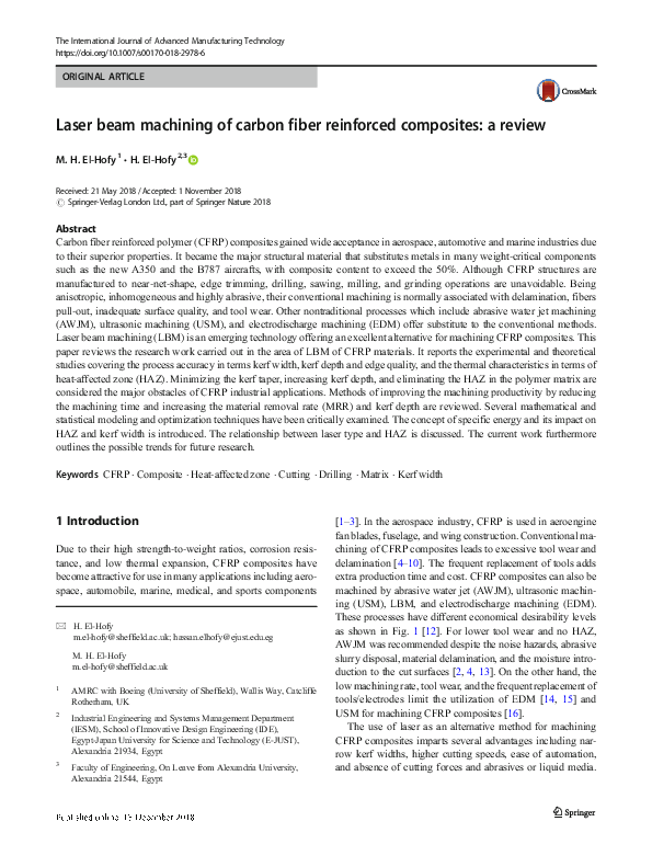 (PDF) Laser beam machining of carbon fiber reinforced composites: a review