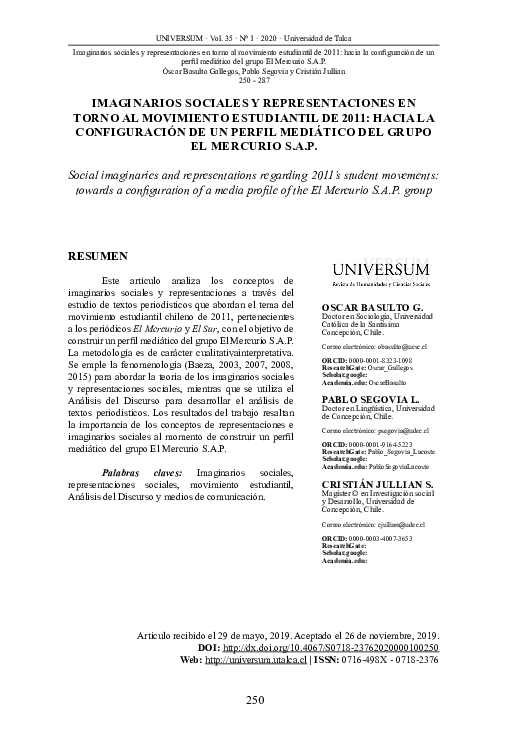 (PDF) IMAGINARIOS SOCIALES Y REPRESENTACIONES EN TORNO AL MOVIMIENTO ESTUDIANTIL DE 2011: HACIA ...