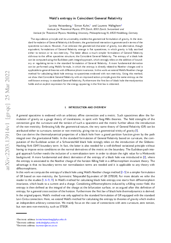 (PDF) Wald’s entropy in Coincident General Relativity
