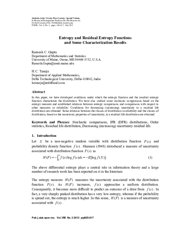Pdf Entropy And Residual Entropy Functions And Some Characterization