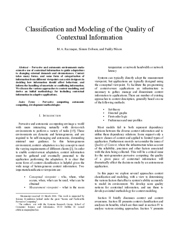 (PDF) Classification and modeling of the quality of contextual information