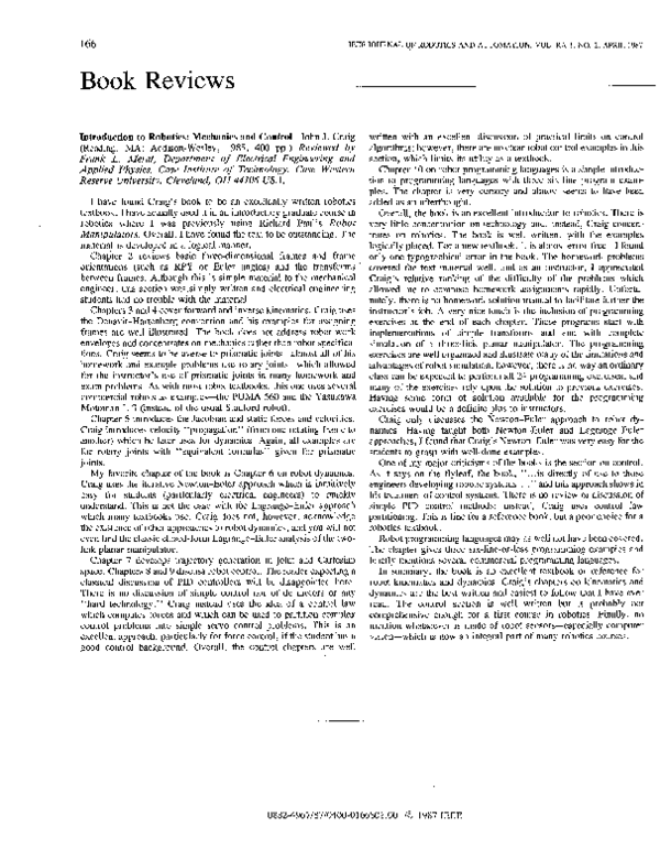 (PDF) Introduction to robotics: Mechanics and control