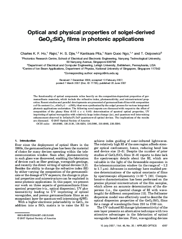 (PDF) Optical and physical properties of solgel-derived GeO_2:SiO_2 films in photonic applications