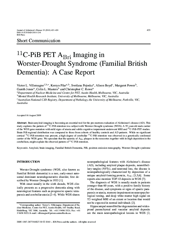 (PDF) 11C-PiB PET ABri imaging in Worster-Drought syndrome (familial ...