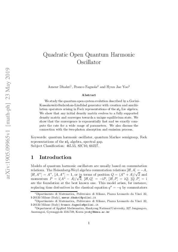(PDF) Quadratic open quantum harmonic oscillator