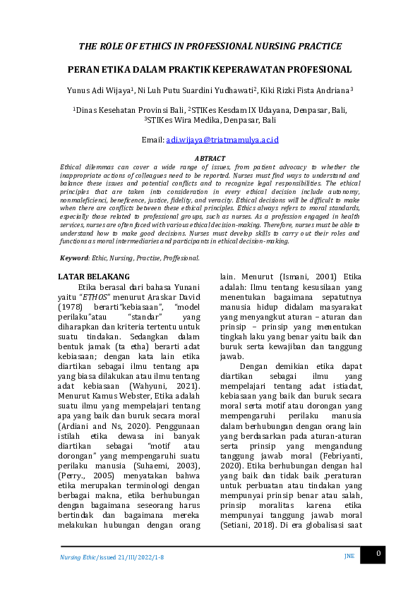 (PDF) The Role Of Ethics In Professional Nursing Practice