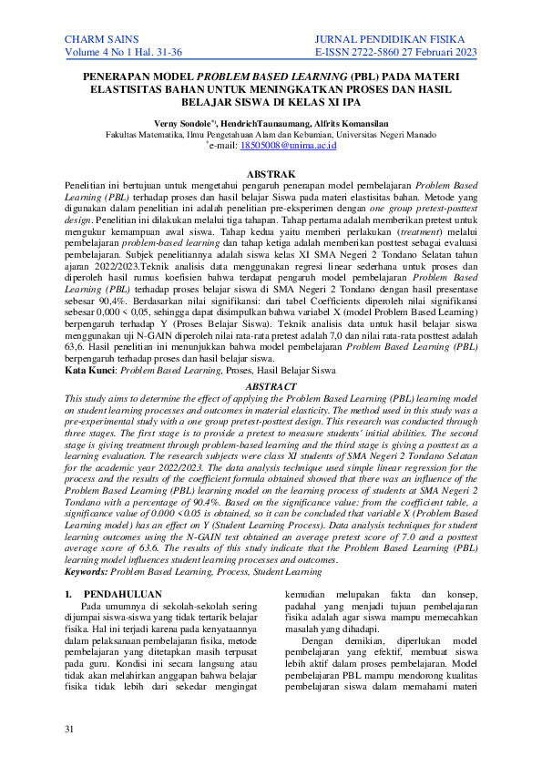 (PDF) Penerapan Model Problem Based Learning (PBL) Pada Materi Elastisitas Bahan Untuk ...