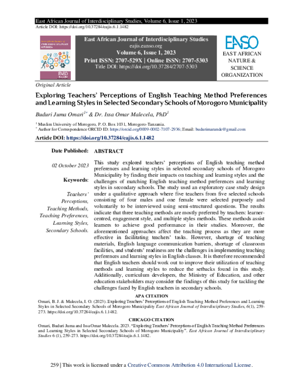 (PDF) Exploring Teachers’ Perceptions of English Teaching Method Preferences and Learning Styles ...