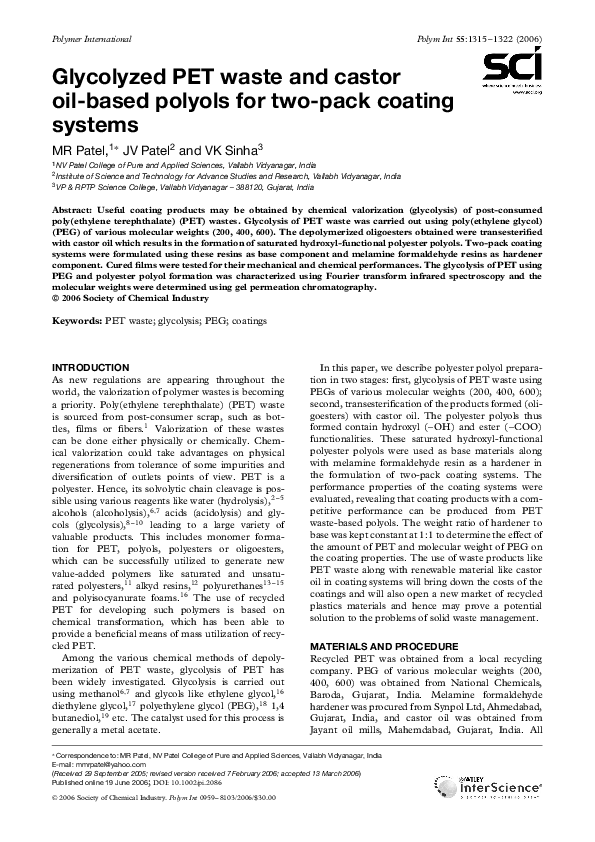 (PDF) Glycolyzed PET waste and castor oil-based polyols for two-pack ...
