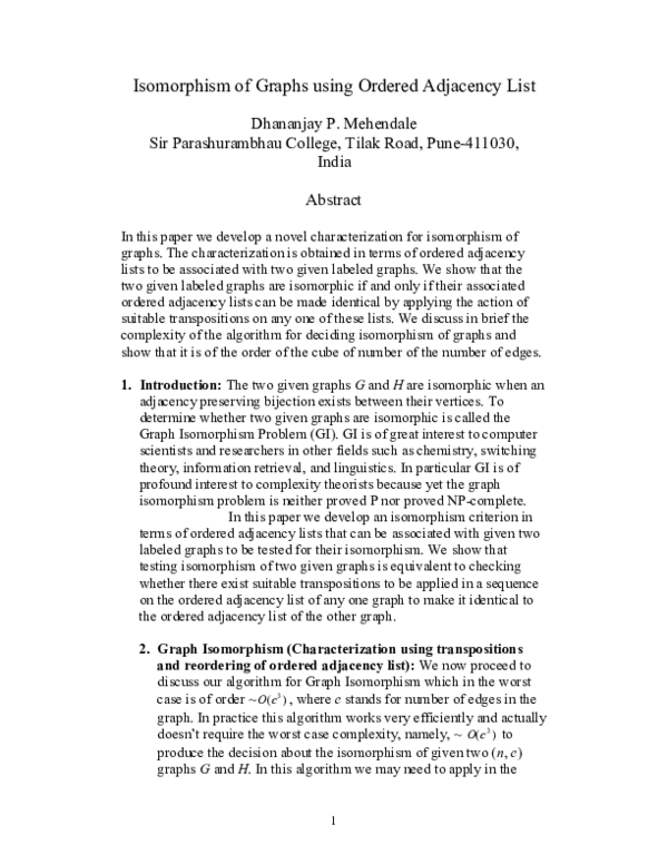 Pdf Isomorphism Of Graphs Using Ordered Adjacency List 2192