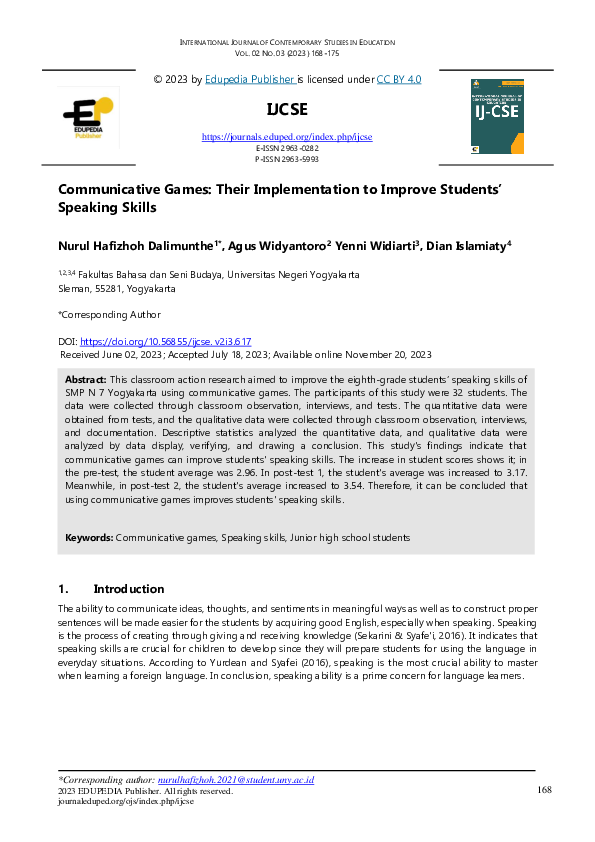 (PDF) Communicative Games: Their Implementation to Improve Students’ Speaking Skills