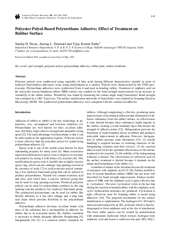 (PDF) Polyester Polyol-Based Polyurethane Adhesive; Effect of Treatment on Rubber Surface