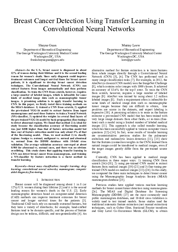Pdf Breast Cancer Detection Using Transfer Learning In Convolutional Neural Networks