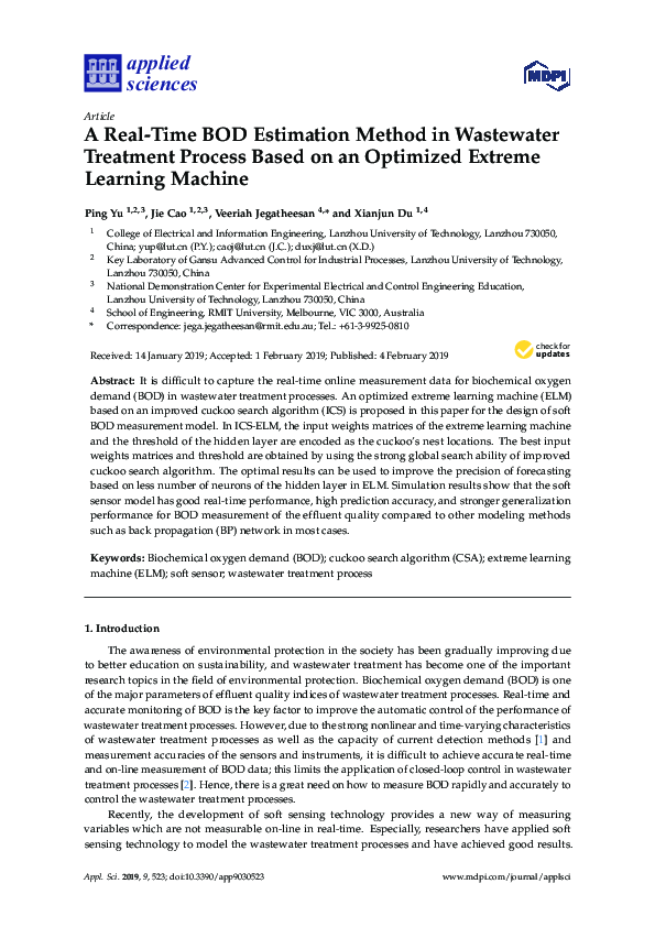 (PDF) A Real-Time BOD Estimation Method in Wastewater Treatment Process Based on an Optimized ...