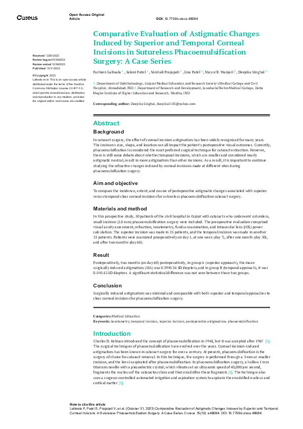 (PDF) Comparative Evaluation of Astigmatic Changes Induced by Superior ...