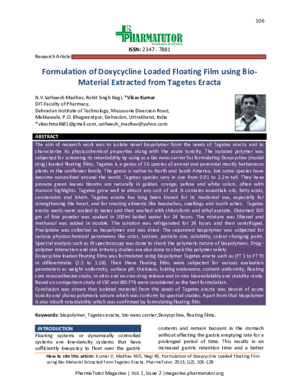 (PDF) Research Article Formulation of Doxycycline Loaded Floating Film ...