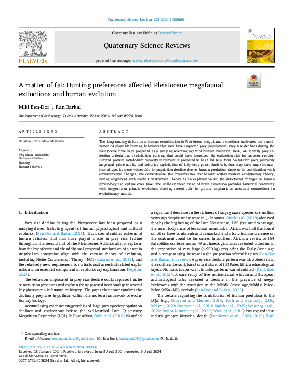 (PDF) A matter of fat: Hunting preferences affected Pleistocene ...