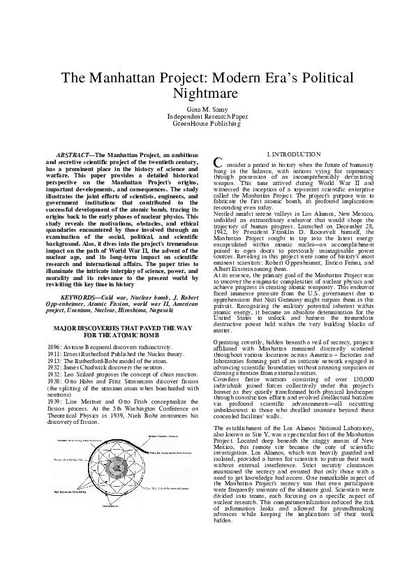 (PDF) The Manhattan Project: Modern Era's Political Nightmare