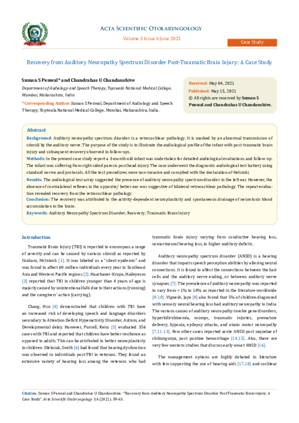 (PDF) Recovery from Auditory Neuropathy Spectrum Disorder Post ...
