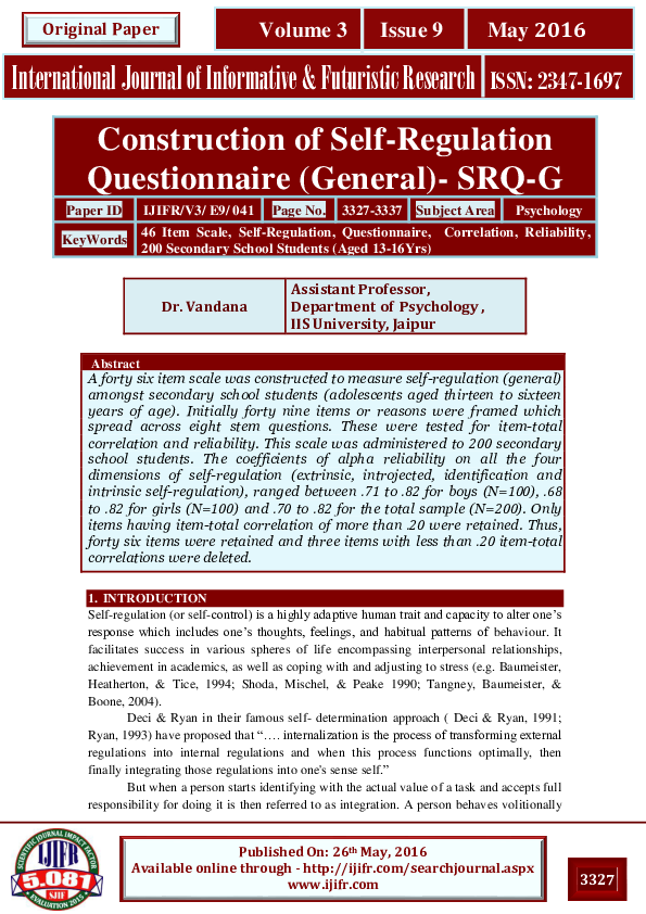 (PDF) Construction of Self-Regulation Questionnaire (General)-SRQ-G