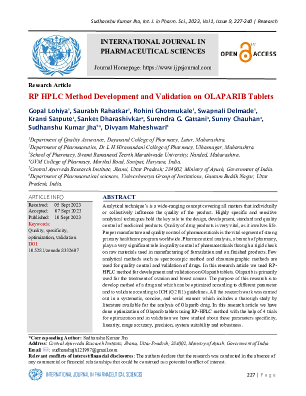 (PDF) RP HPLC Method Development and Validation on OLAPARIB Tablets
