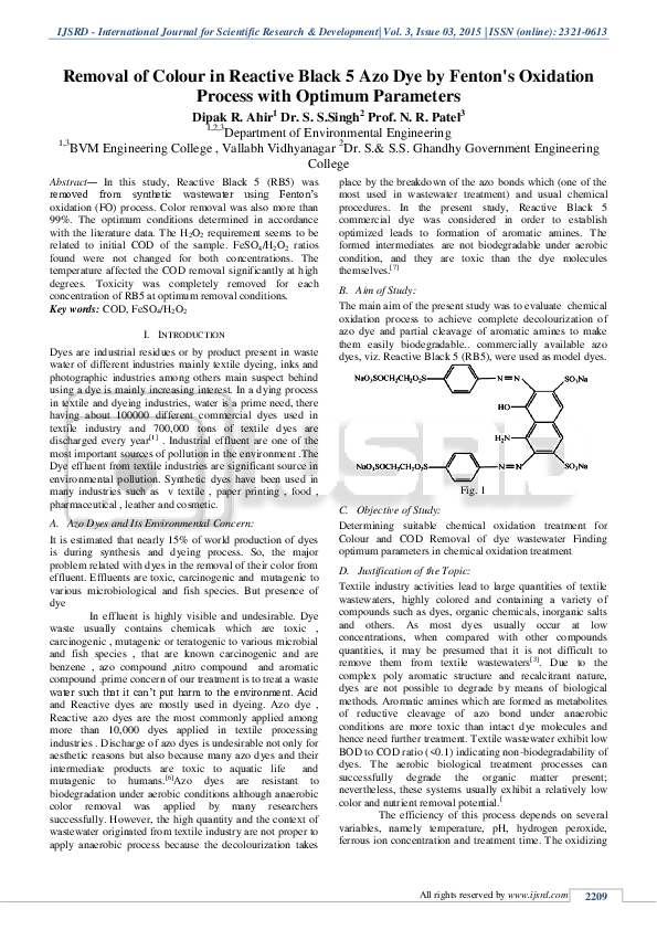 (PDF) Removal of Colour in Reactive Black 5 Azo Dye By Fenton's Oxidation Process with Optimum ...