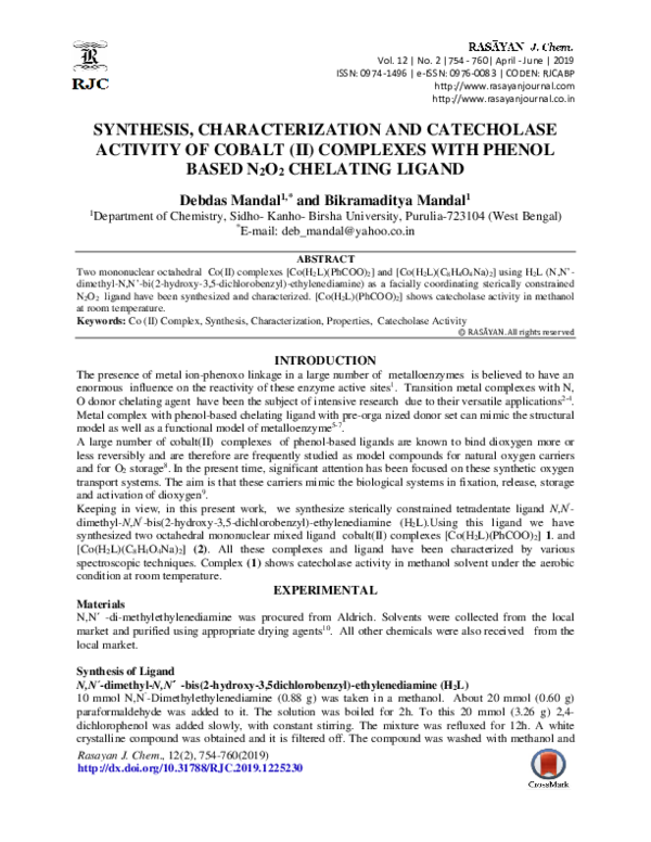 (PDF) Synthesis, Characterization and Catecholase Activity of Cobalt ...