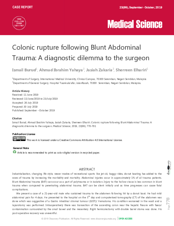 (PDF) Colonic rupture following Blunt Abdominal Trauma: A diagnostic ...