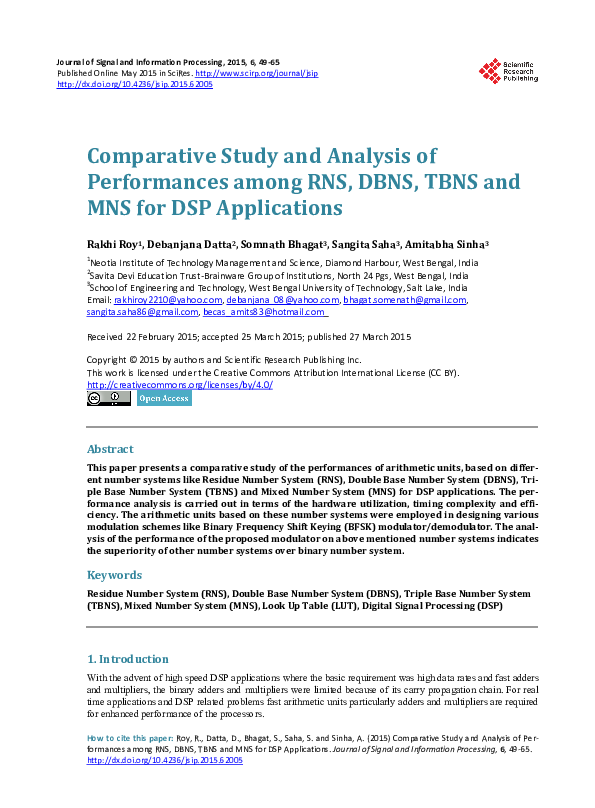 (PDF) Comparative Study and Analysis of Performances among RNS, DBNS, TBNS and MNS for DSP ...
