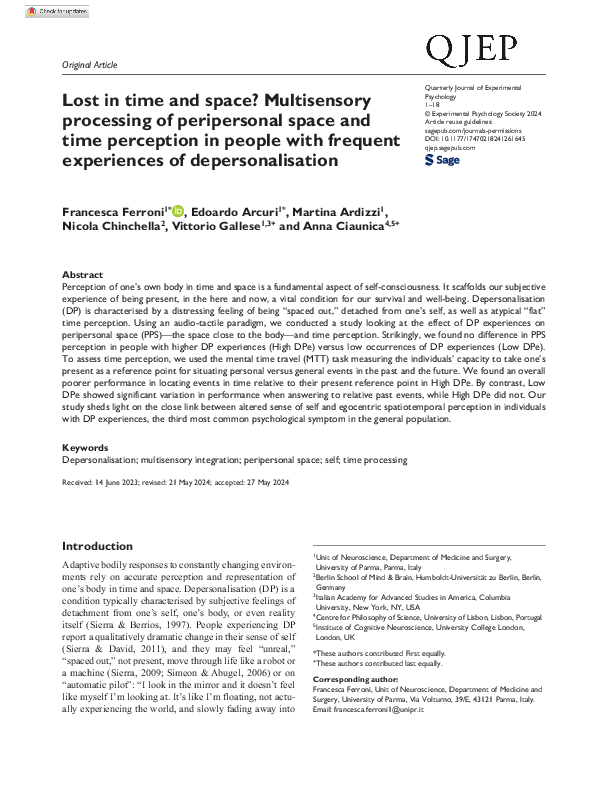(PDF) Lost in time and space. Multisensory processing of peripersonal ...
