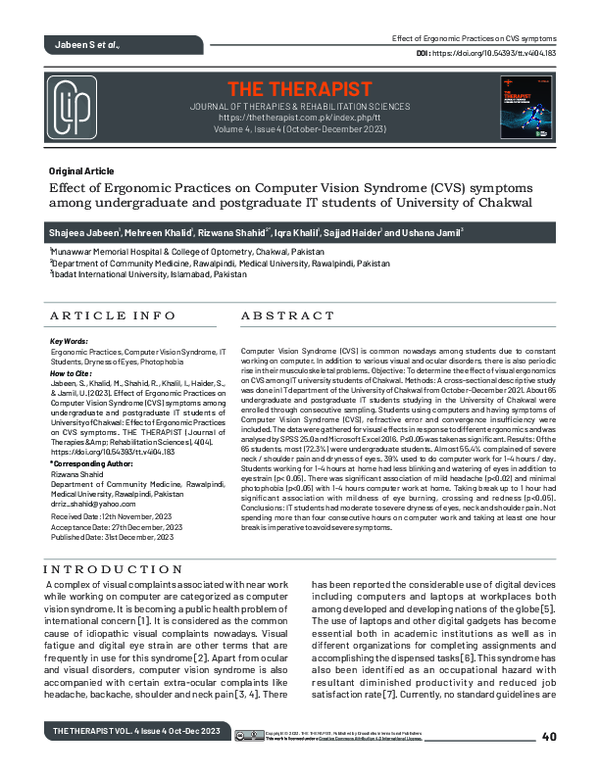 (PDF) Effect of Ergonomic Practices on Computer Vision Syndrome (CVS ...