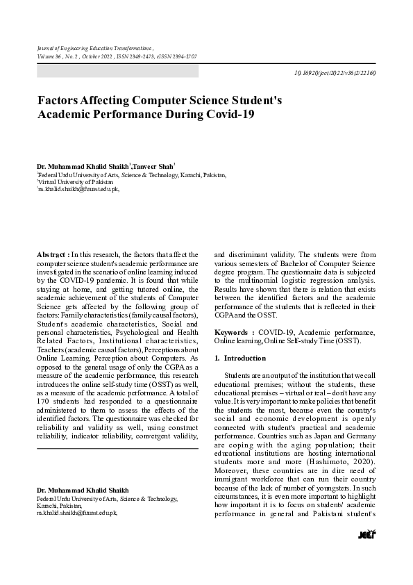 (PDF) Factors Affecting Computer Science Student's Academic Performance ...