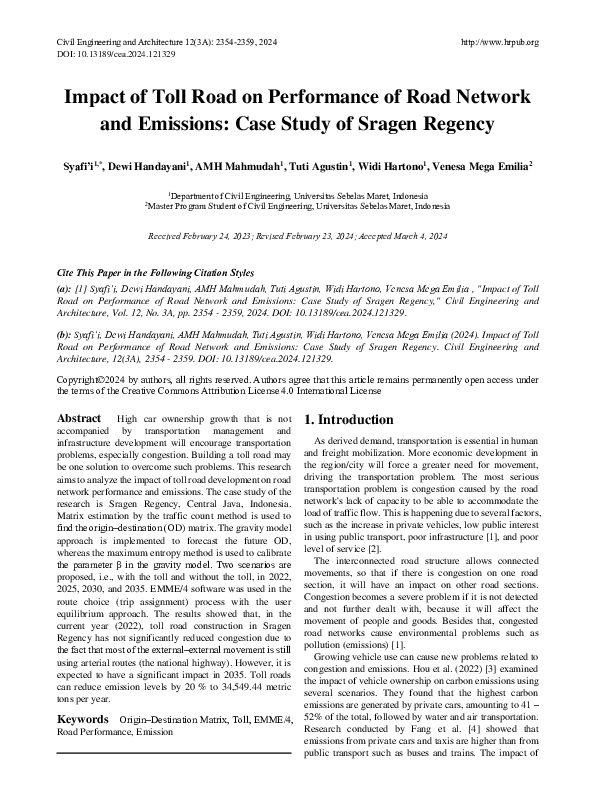 (PDF) Impact of Toll Road on Performance of Road Network and Emissions: Case Study of Sragen Regency