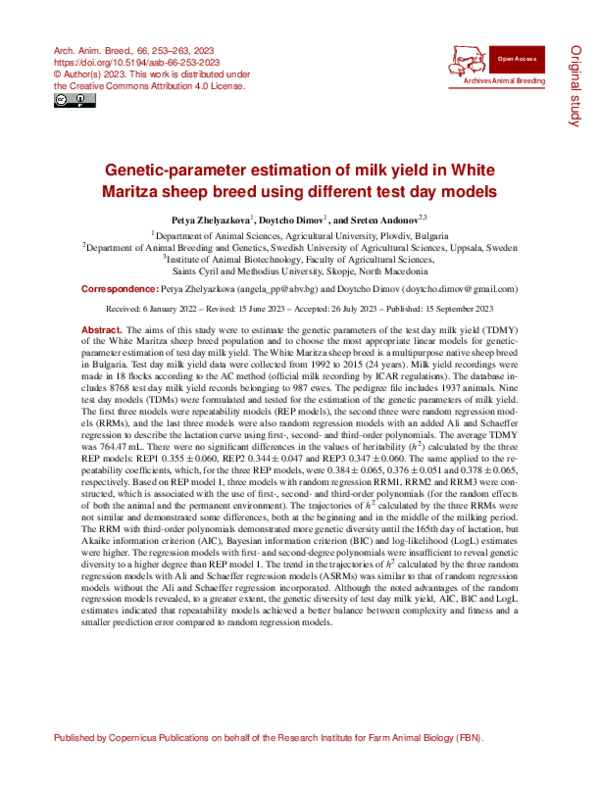 (PDF) Genetic-parameter estimation of milk yield in White Maritza sheep breed using different ...