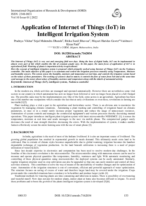 (PDF) Application of Internet of Things (IoT) in Intelligent Irrigation ...