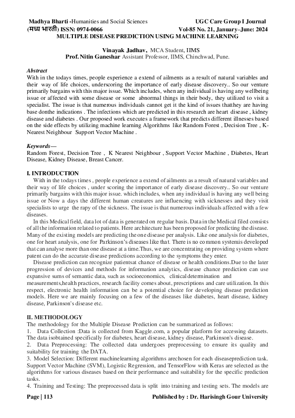 (PDF) MULTIPLE DISEASE PREDICTION USING MACHINE LEARNING
