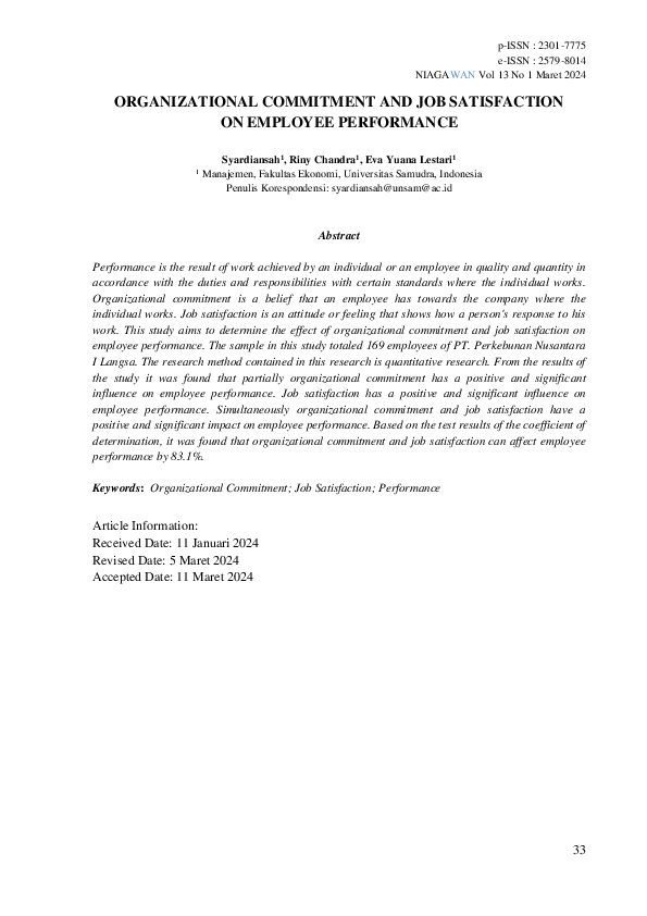 (PDF) Organizational Commitment and Job Satisfaction on Employee Performance