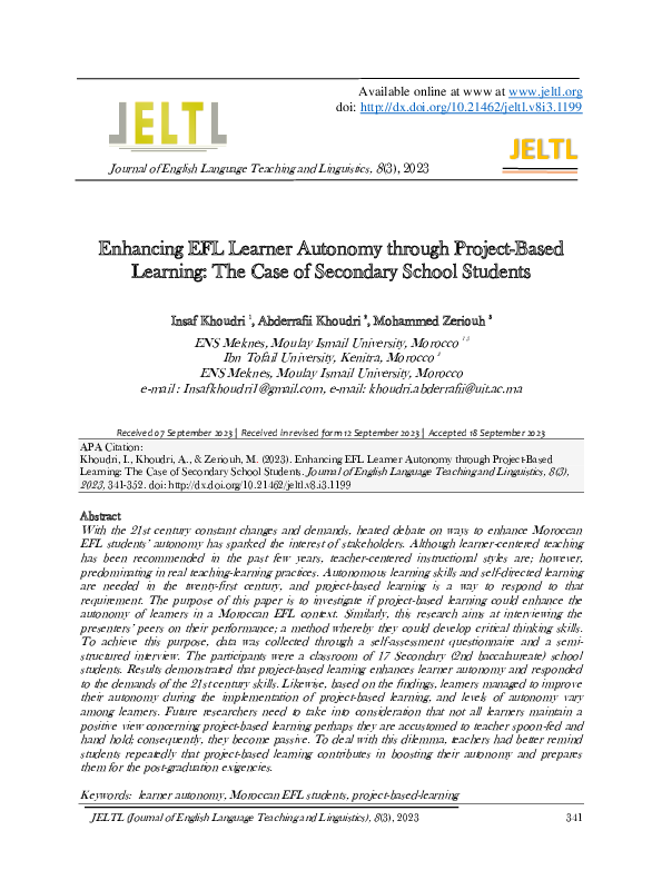(PDF) Enhancing EFL Learner Autonomy through Project-Based Learning ...