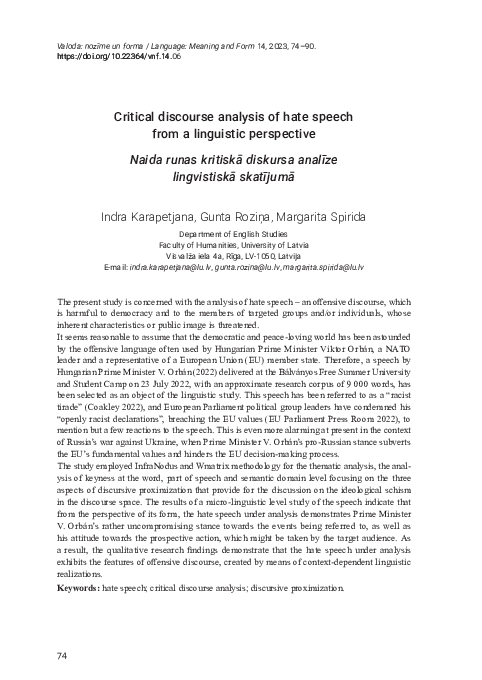 (PDF) Critical discourse analysis of hate speech from a linguistic perspective