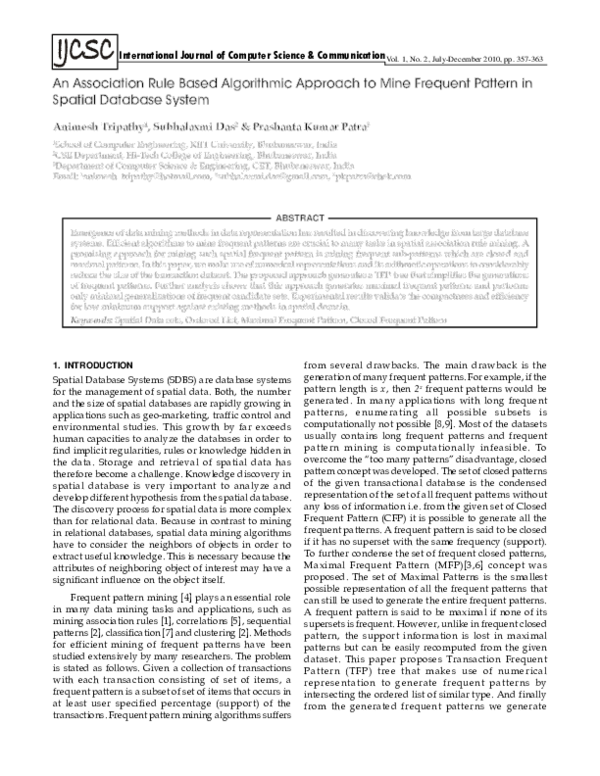 Pdf An Association Rule Based Algorithmic Approach To Mine Frequent Pattern In Spatial