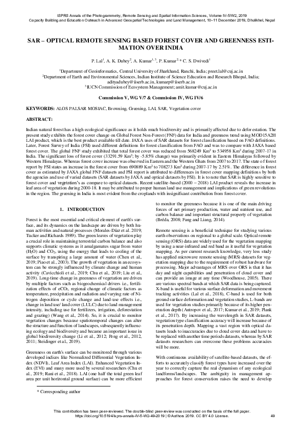 (PDF) Sar – Optical Remote Sensing Based Forest Cover and Greenness Esti-Mation Over India | Dr ...