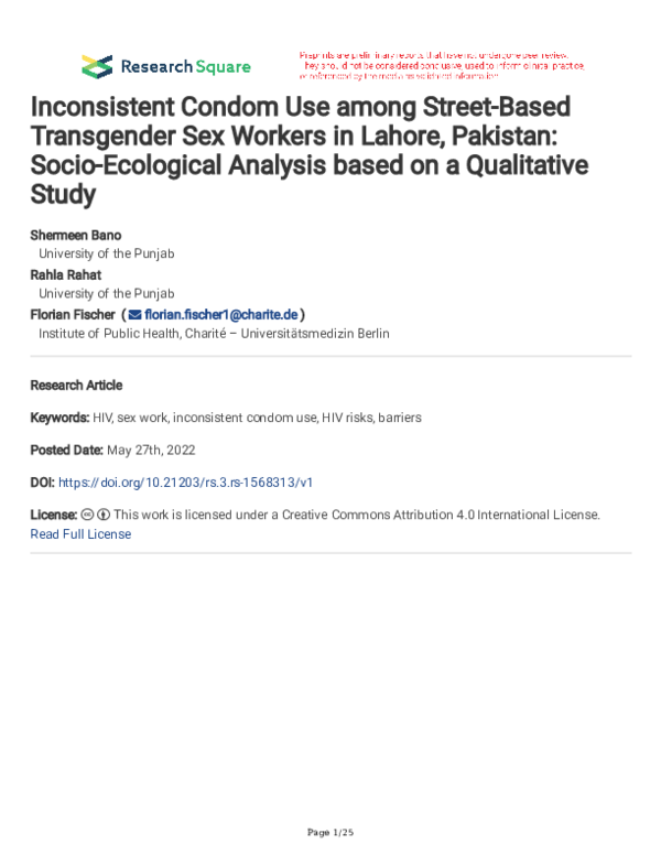 Pdf Inconsistent Condom Use Among Street Based Transgender Sex