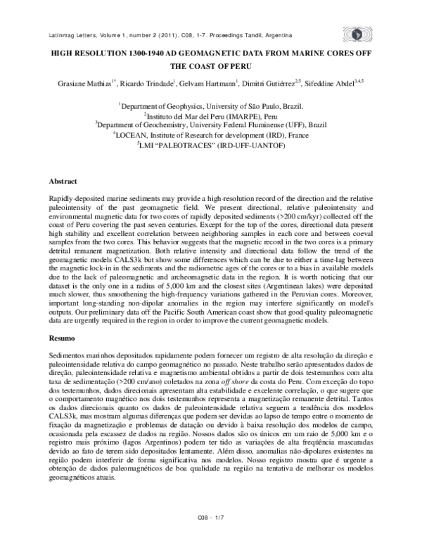 (PDF) High Resolution 1300-1940 Ad Geomagnetic Data from Marine Cores Off the Coast of Peru