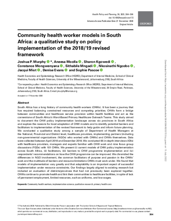 (PDF) Community health worker models in South Africa: a qualitative ...