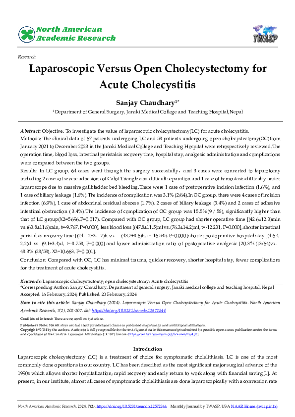 (PDF) Laparoscopic Versus Open Cholecystectomy for Acute Cholecystitis