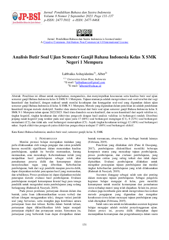 (PDF) Analisis Butir Soal Ujian Semester Ganjil Bahasa Indonesia Kelas X SMK Negeri 1 Mempura