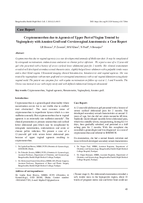 (PDF) Cryptomenorrhea due to Agenesis of Upper Part of Vagina Treated ...