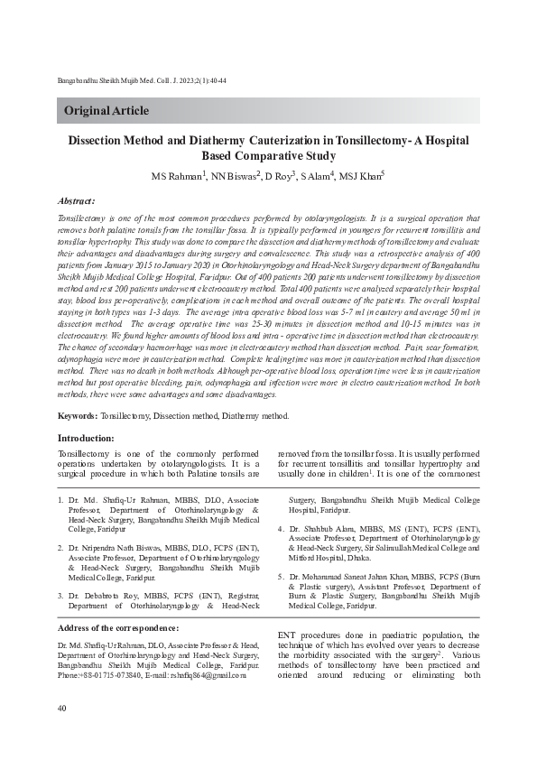 (PDF) Dissection Method and Diathermy Cauterization in Tonsillectomy- A ...