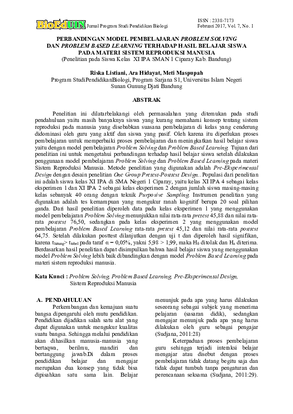 (PDF) Perbandingan Model Pembelajaran Problem Solving Dan Problem Based Learning Terhadap Hasil ...
