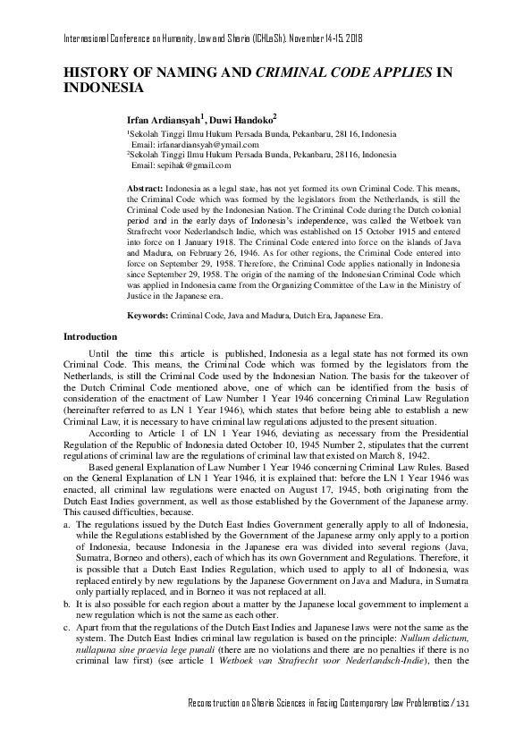 (PDF) History of Naming and Criminal Code Applies in Indonesia